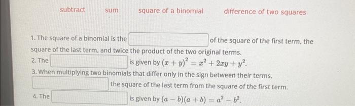 Solved subtract_sum square of a binomial difference of two | Chegg.com