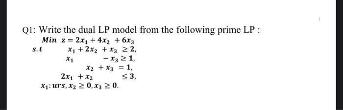 Solved : st Q1: Write the dual LP model from the following | Chegg.com