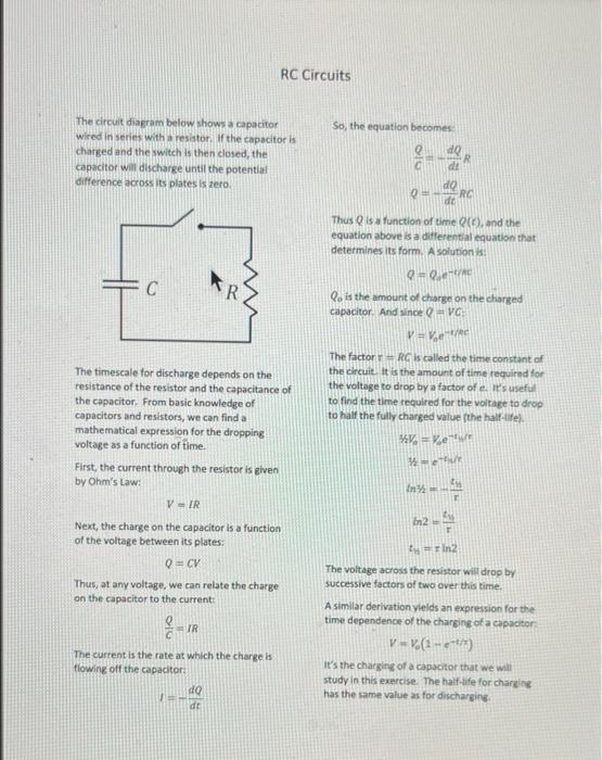 Solved RC Circuits So, the equation becomes The circuit | Chegg.com