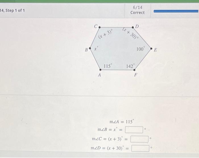 Solved m∠A=115∘ m∠B=x∘= m∠C=(x+3)∘= m∠D=(x+30)∘= | Chegg.com