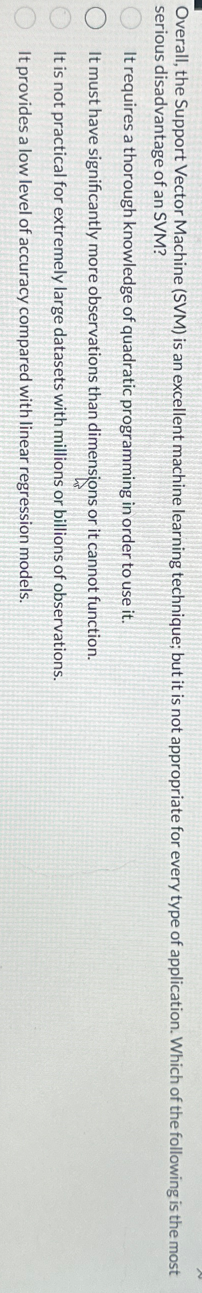 Solved Overall, the Support Vector Machine (SVM) ﻿is an | Chegg.com