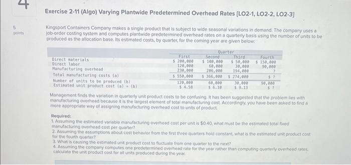 Solved Exercise 2-11 (Algo) Varying Plantwide Predetermined | Chegg.com