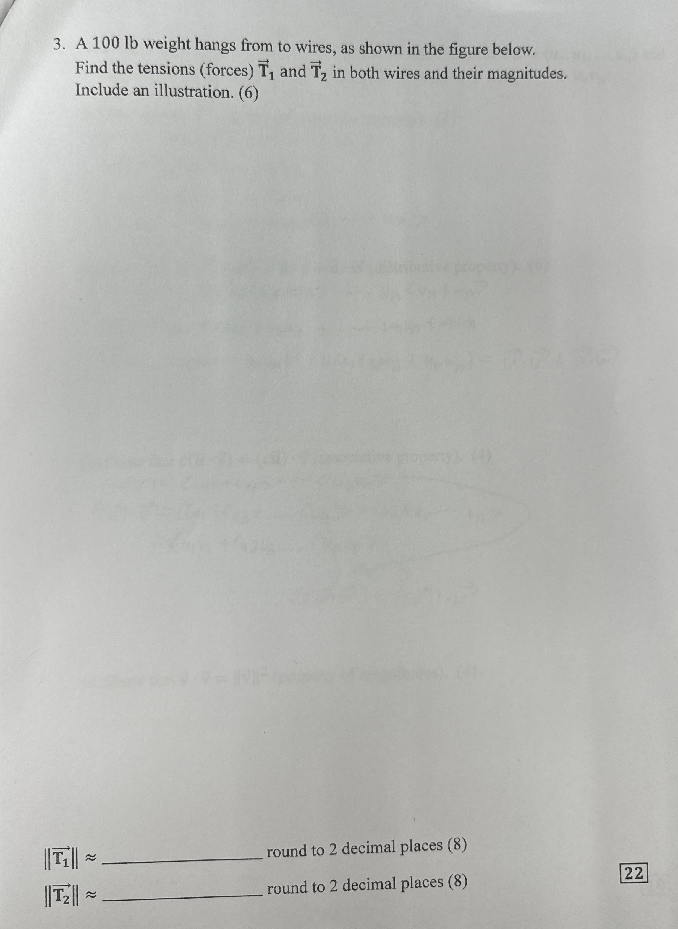 A 100 ﻿lb weight hangs from to wires, as shown in the | Chegg.com
