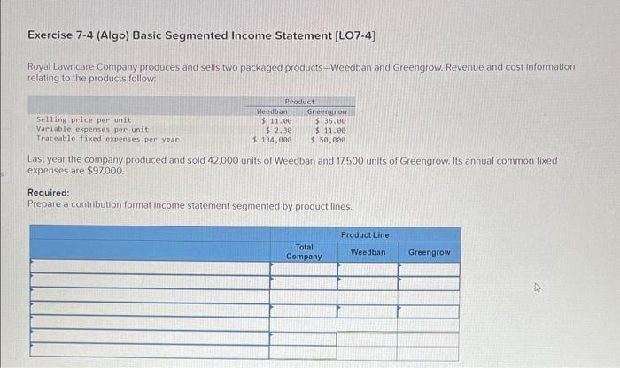 Solved Exercise 7-4 (Algo) Basic Segmented Income Statement | Chegg.com