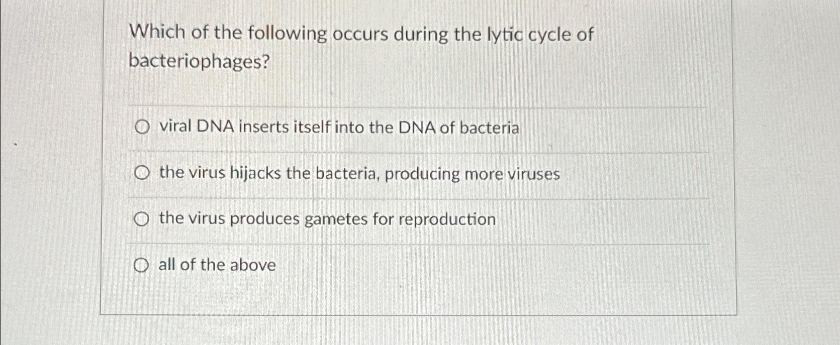 Solved Which of the following occurs during the lytic cycle | Chegg.com