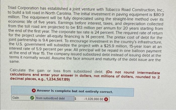 Solved Triad Corporation has established a joint venture | Chegg.com
