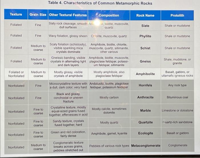 Solved EXERCISE 1 DATA SHEET Table 5. Metamorphic Rock | Chegg.com