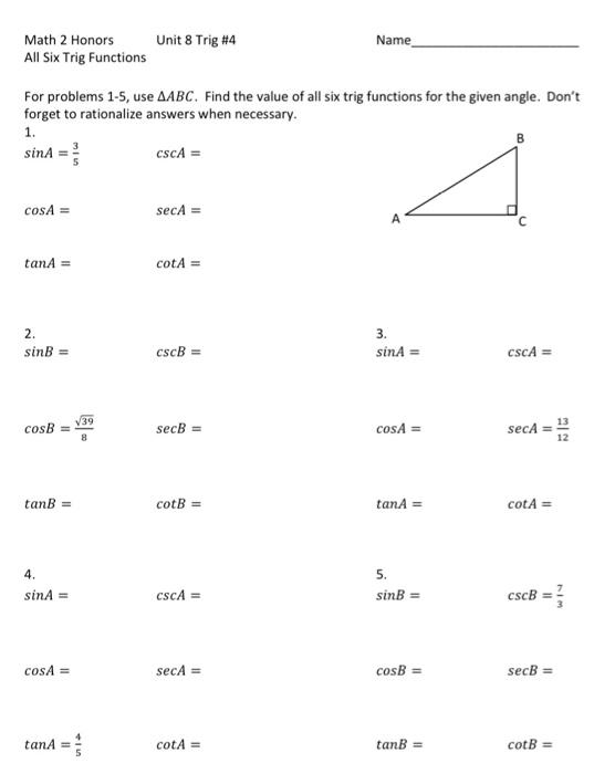 Solved Math 2 Honors All Six Trig Functions Unit 8 Trig #4 | Chegg.com