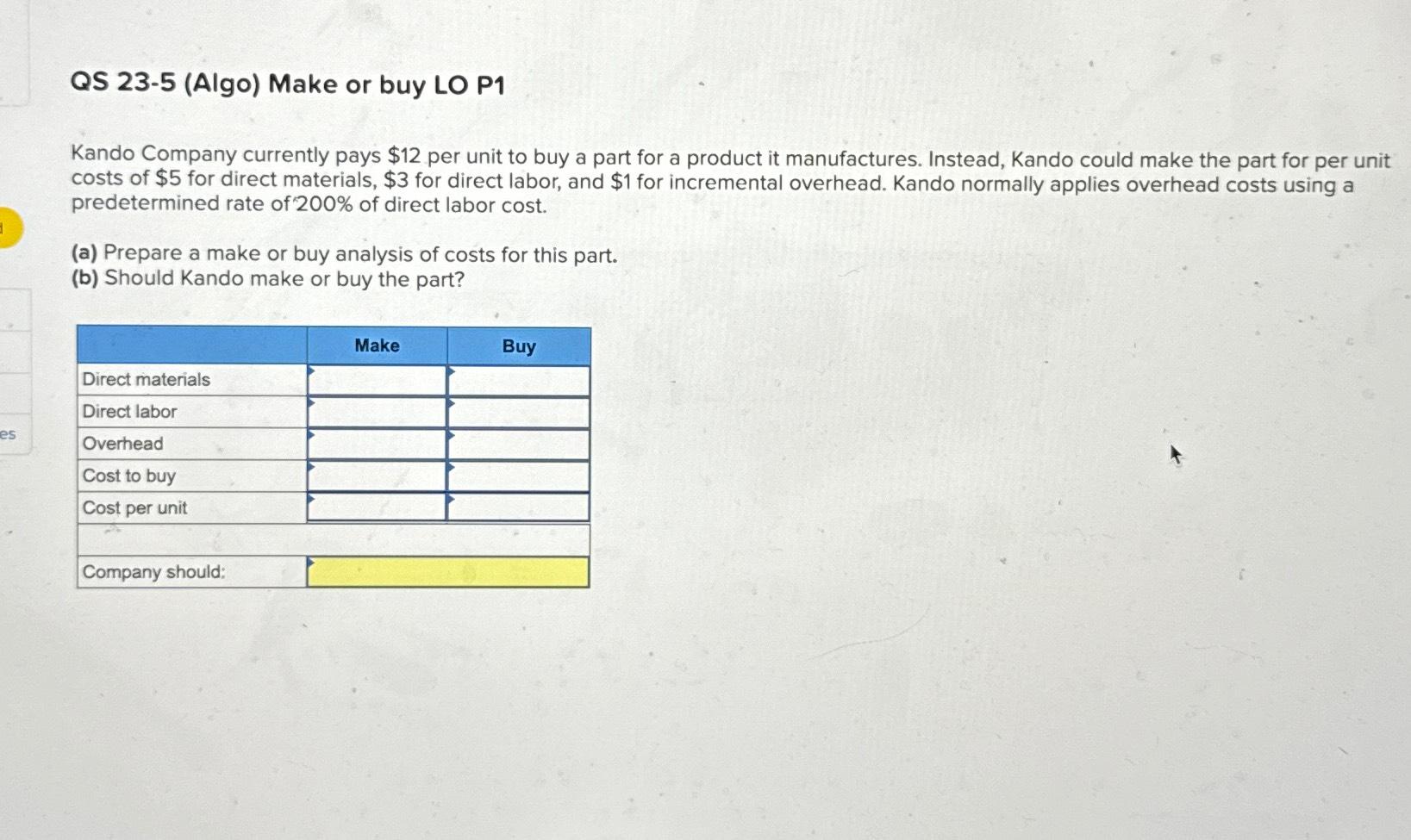 Solved QS 23-5 (Algo) ﻿Make or buy LO P1Kando Company | Chegg.com