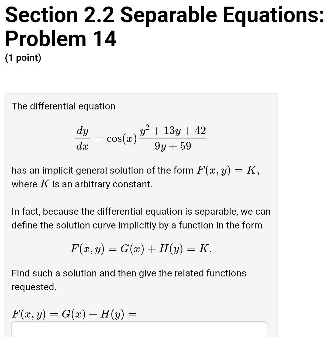 Solved Section 2 2 Separable Equations Problem 14 1 Point