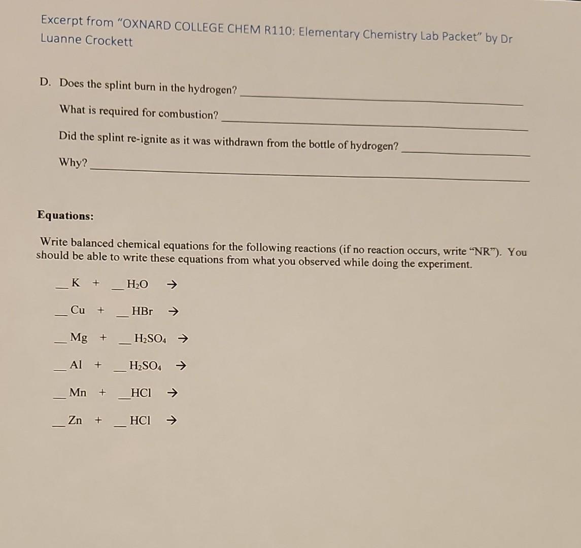 Solved Excerpt from "OXNARD COLLEGE CHEM R110: Elementary | Chegg.com