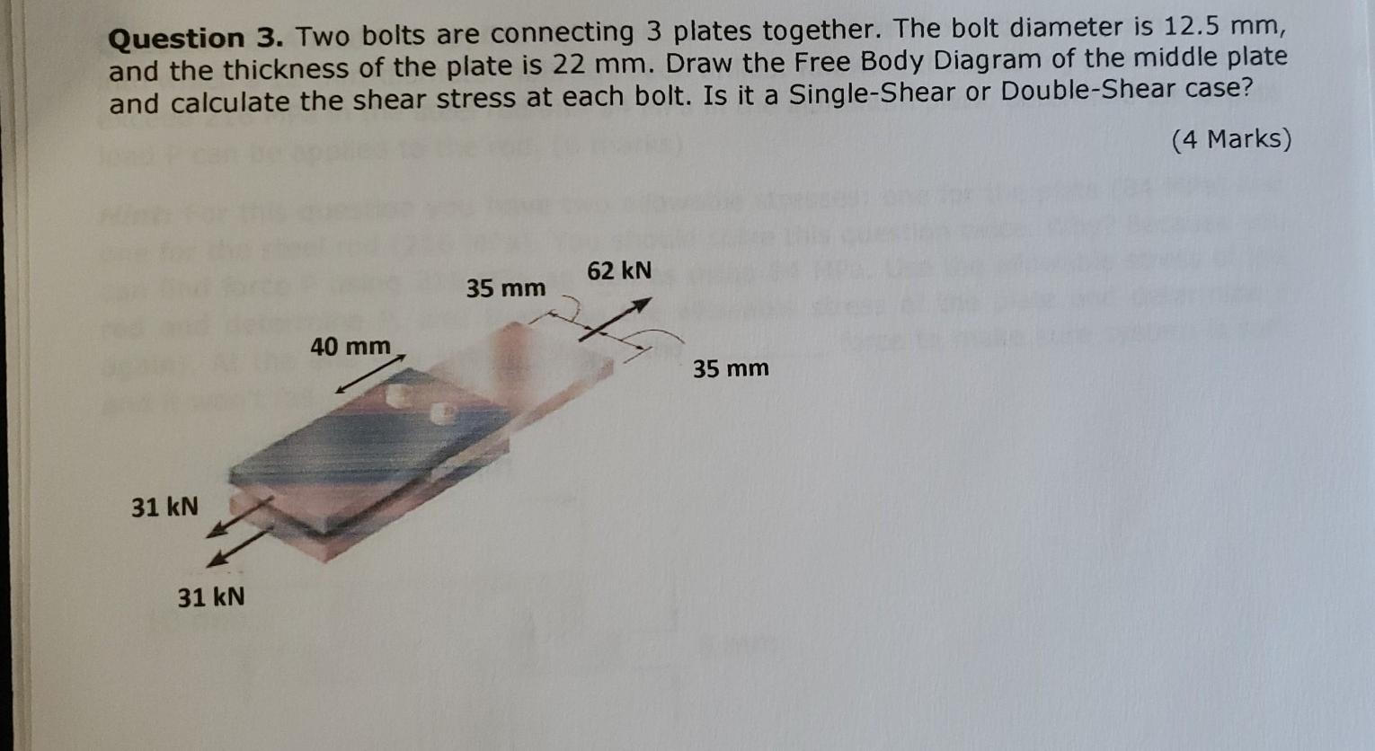 Solved Question 3. Two bolts are connecting 3 plates | Chegg.com