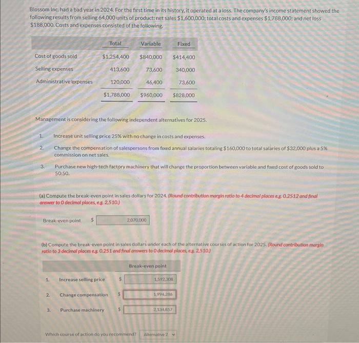 Solved Blossom inc had a bad year in 2024, For the first | Chegg.com