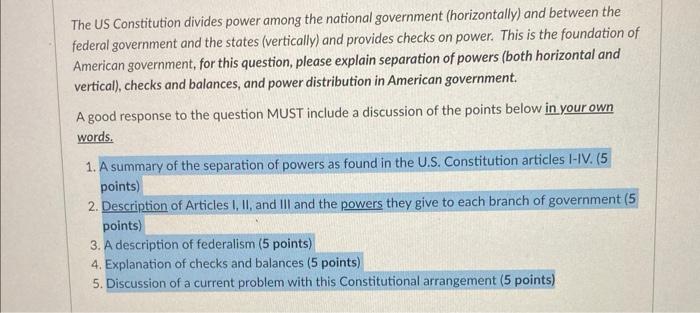 The US Constitution divides power among the national | Chegg.com