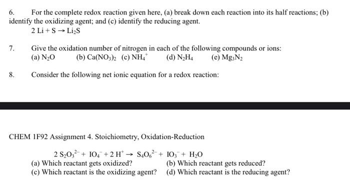 Solved 6. For the complete redox reaction given here, (a) | Chegg.com