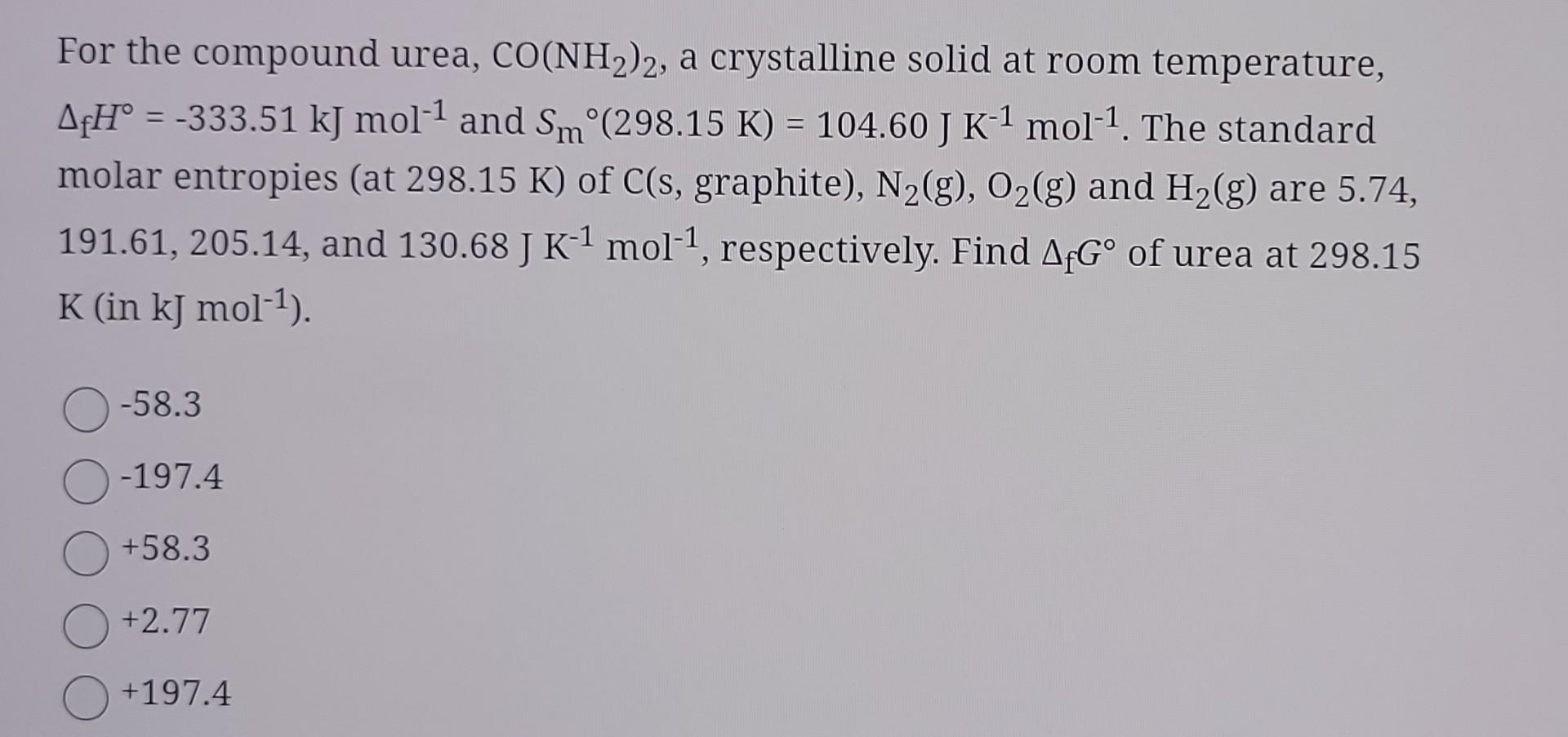 Solved For the compound urea, CO(NH2)2, a crystalline solid | Chegg.com