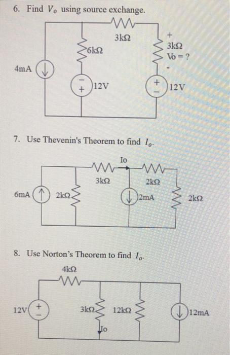 Solved 6. Find Vo using source exchange. . 3ΚΩ P6kΩ 3kΩ Vo = | Chegg.com