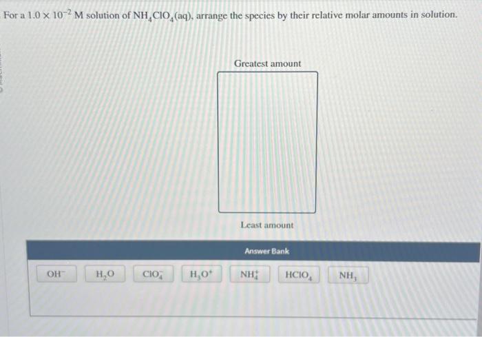 Solved For a 1.0×10−2M solution of NH4ClO4(aq), arrange the | Chegg.com