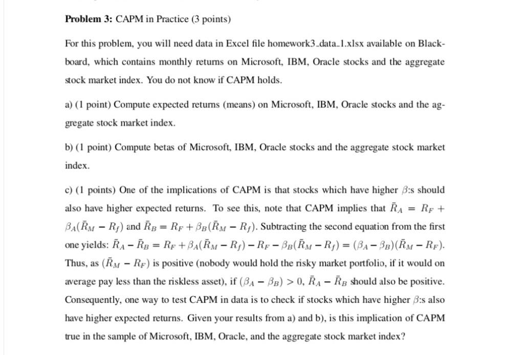 Solved Problem 3: CAPM in Practice (3 points) For this | Chegg.com