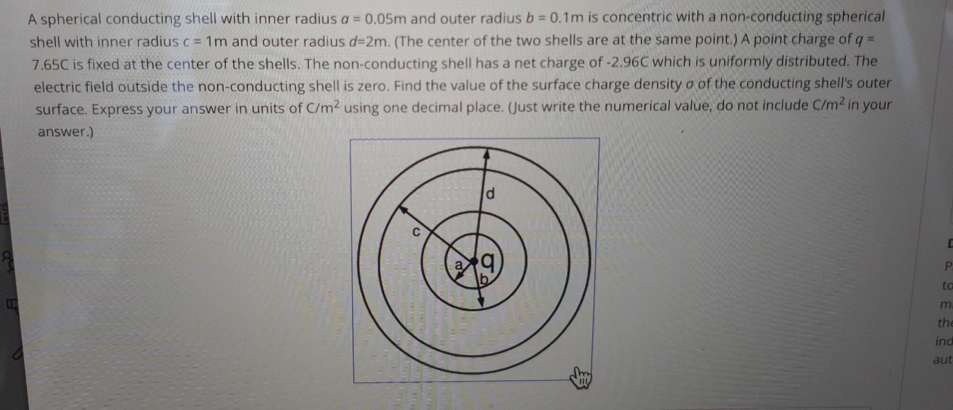 Solved A spherical conducting shell with inner radius a=0.05 | Chegg.com