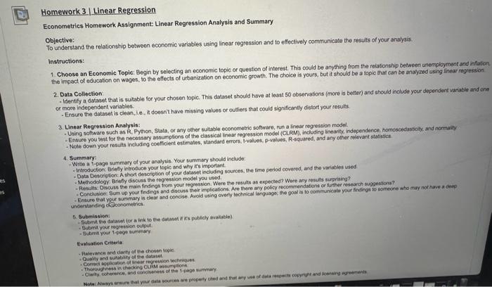 Solved mework 3 /Linear Regression conometrics Homework | Chegg.com