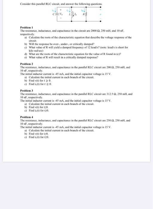 Solved Consider this parallel RLC circuit, and answer the | Chegg.com