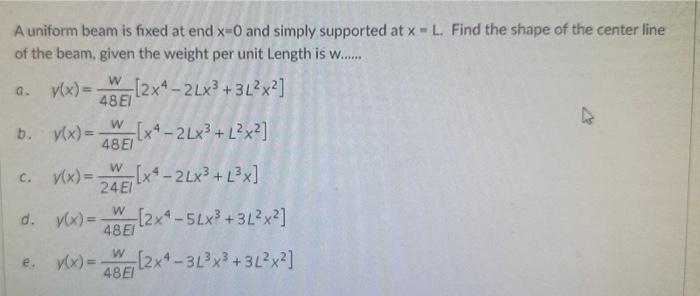 Solved A uniform beam is fixed at end x=0 and simply | Chegg.com