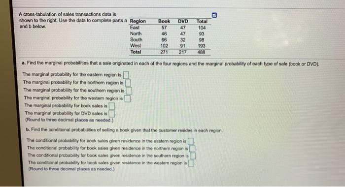 Solved A cross-tabulation of sales transactions data is | Chegg.com