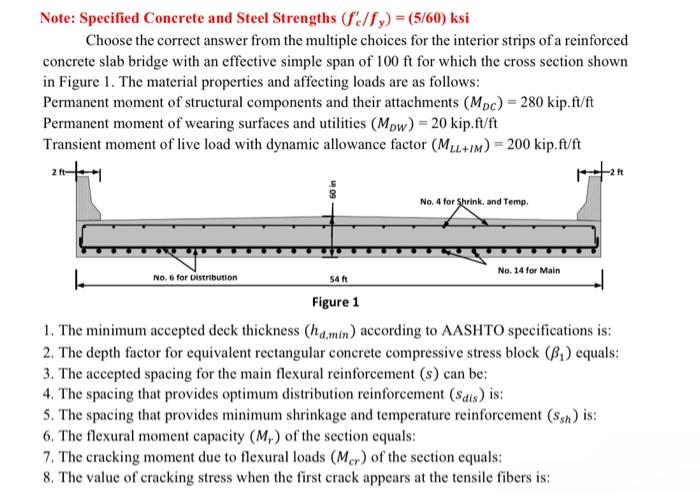 Note: Specified Concrete and Steel Strengths (f/fy) = | Chegg.com