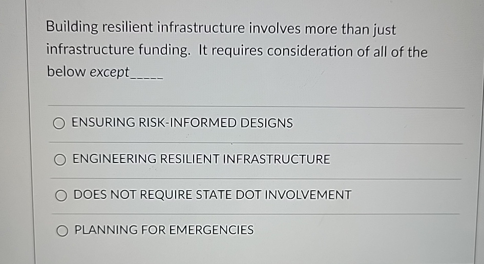 Solved Building resilient infrastructure involves more than | Chegg.com Solved Building resilient infrastructure involves more than | Chegg.com