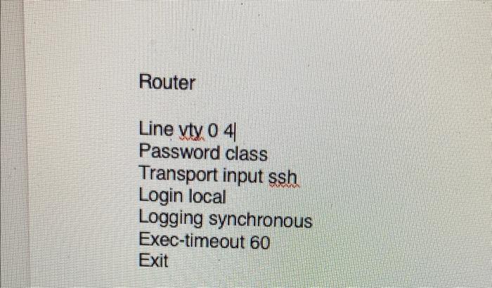 Solved Router Line vty 04 Password class Transport input ssh | Chegg.com