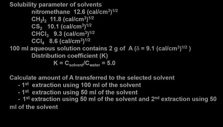 Solved Solubility parameter of solvents nitromethane 12.6 | Chegg.com