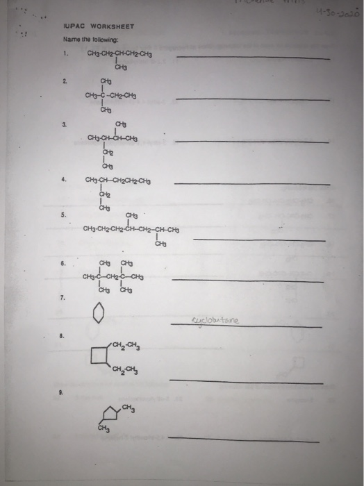 Solved 4-30-30 IUPAC WORKSHEET Name the following: 1. | Chegg.com