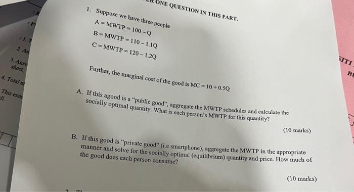 Solved 1. Suppose we have three people A = MWTP = 100-Q | Chegg.com