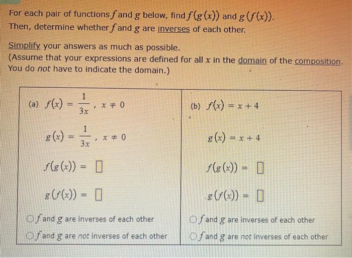Solved For each pair of functions fand g below, find f(g(x)) | Chegg.com