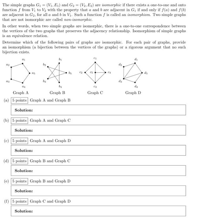 Solved The simple graphs G1 = (V1, E1) and G2 = (V2, E2) are | Chegg.com