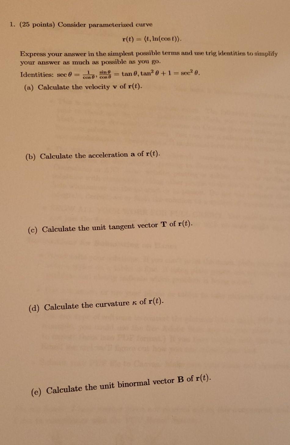 Solved 1. (25 points) Consider parameterized curve r(t) = | Chegg.com