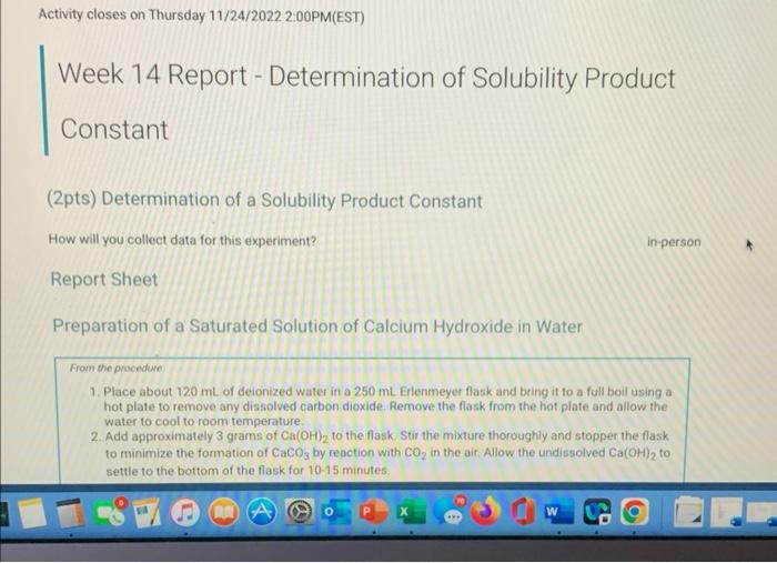 Week 14 Report - Determination of Solubility Product | Chegg.com