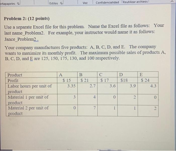 Problem 2: (12 points) Use a separate Excel file for | Chegg.com