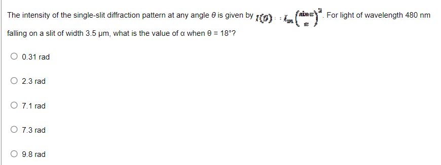 Solved The intensity of the single-slit diffraction pattern | Chegg.com