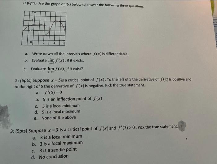 Solved 1: (6pts) Use the graph of f(x) below to answer the | Chegg.com