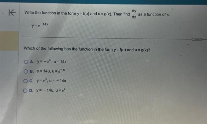 Solved Write the function in the form y=f(u) and u=g(x). | Chegg.com