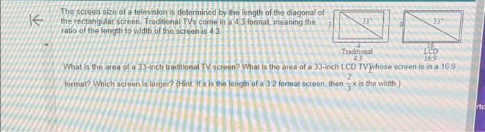 Solved K The screen size of a television is determined by | Chegg.com
