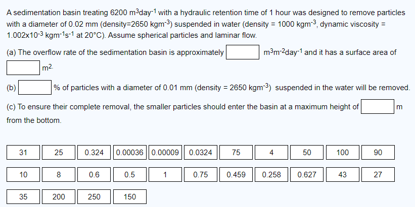 Solved A sedimentation basin treating 6200m3 ﻿day-1 ﻿with a | Chegg.com