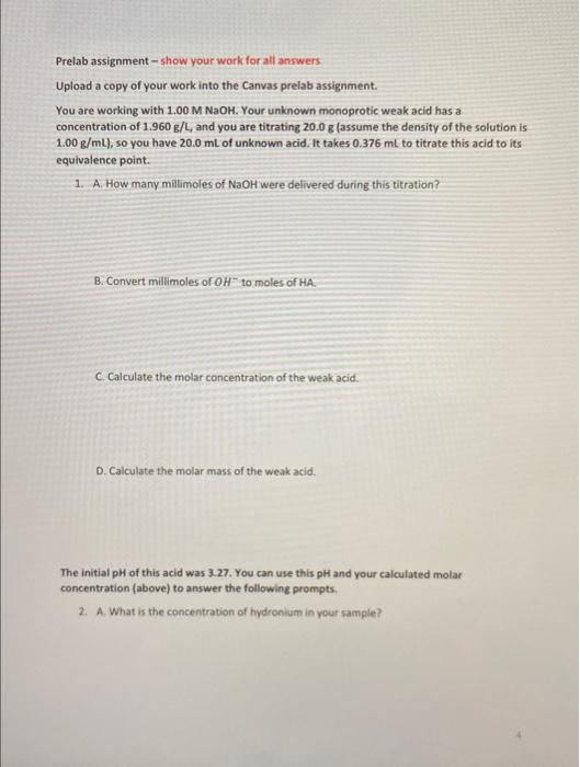 Solved Prelab assignment - show your work for all answers | Chegg.com