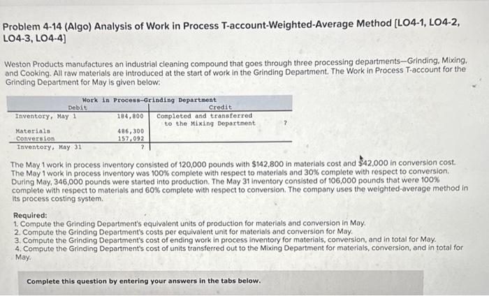 Solved Problem 4-14 (Algo) Analysis of Work in Process | Chegg.com
