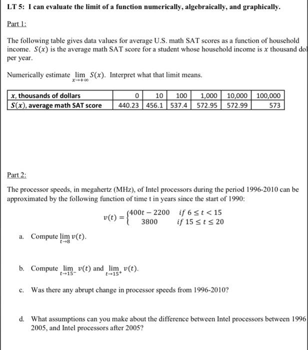 Solved LT 5: I can evaluate the limit of a function | Chegg.com
