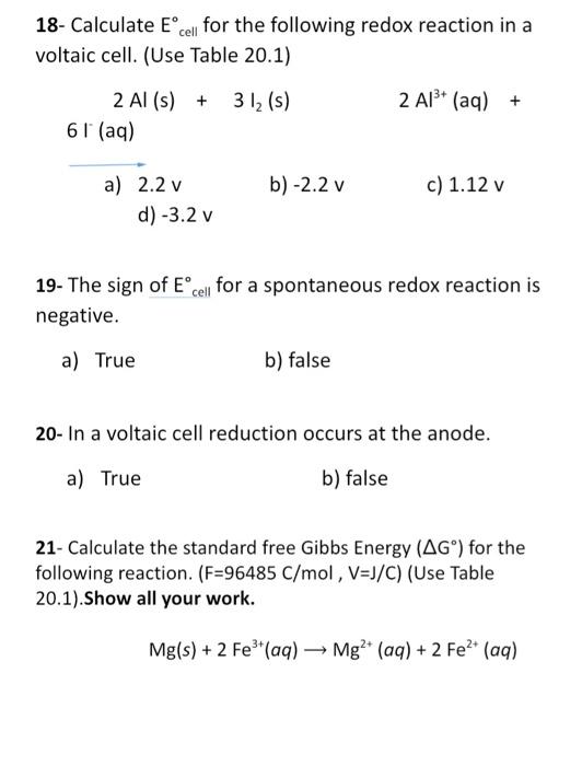 Solved 18- Calculate Eºcell for the following redox reaction | Chegg.com