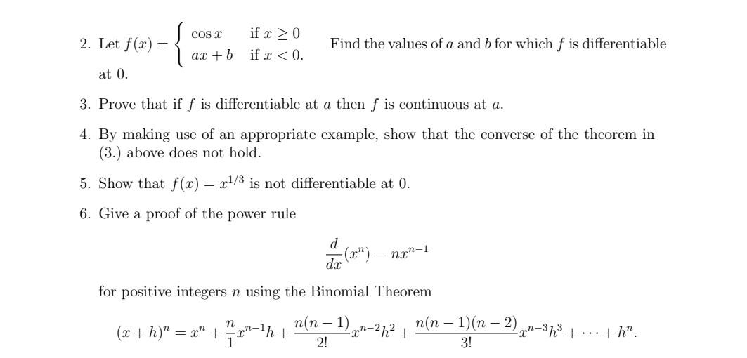 Solved 2. Let f(x)={cosxax+b if x≥0 if x