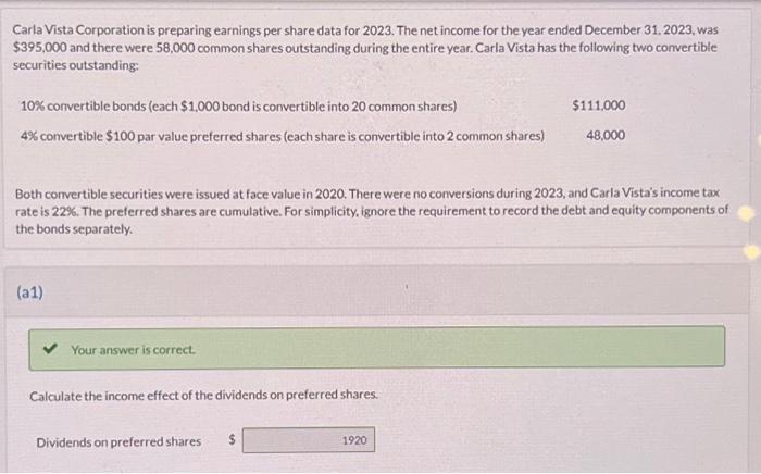 Solved Carla Vista Corporation is preparing earnings per | Chegg.com